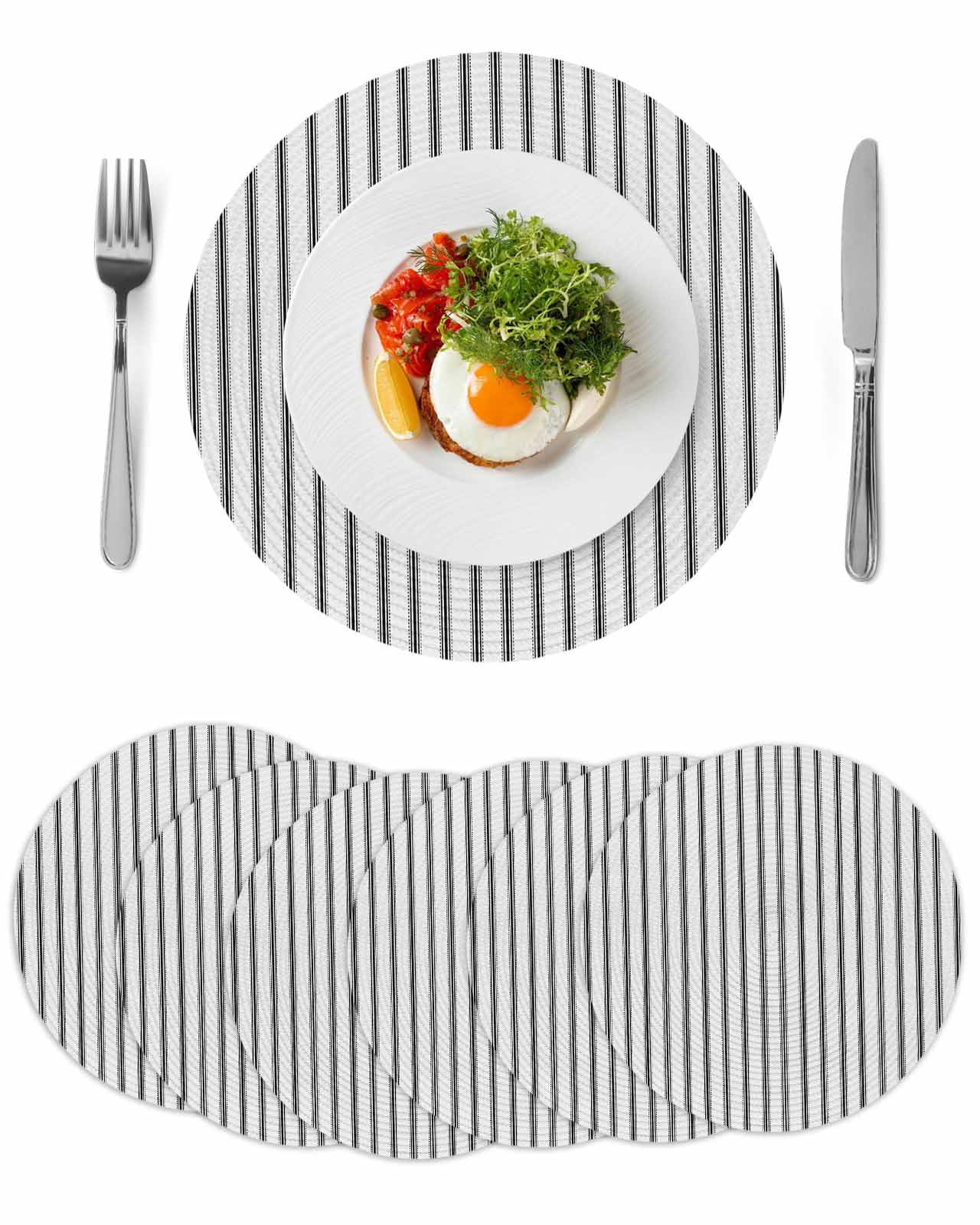 Black Striped Round Placemats Set of 6, Braided Polypropylene Place ...