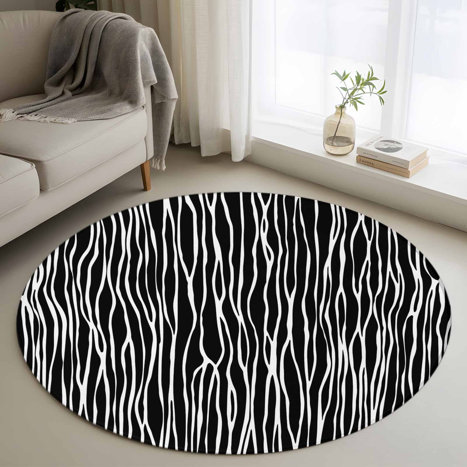 Black Striped Round Rug 4ft Washable Circle Entryway Rugs Non Slip ...