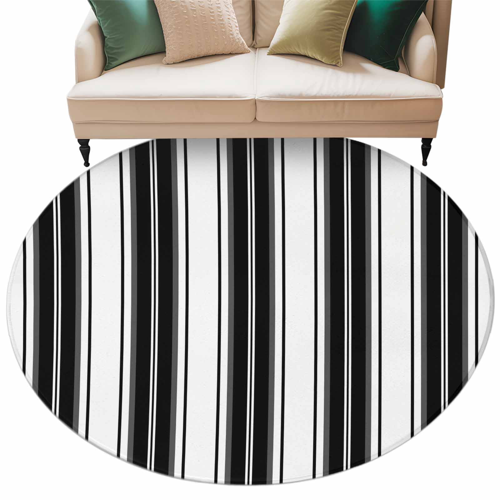 Black Striped Round Rug 7ft Washable Circle Rugs Non Slip Modern Thin ...
