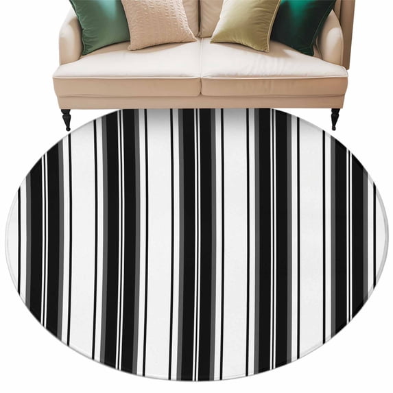 Black Striped Round Rug 7ft Washable Circle Rugs Non Slip Modern Thin ...