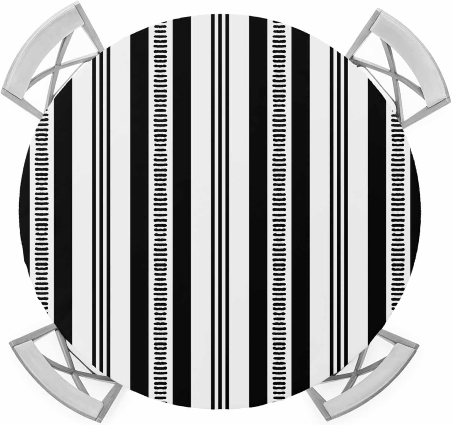 Black Striped Round Tablecloth, Fitted Table Cover with Elastic for 56 ...