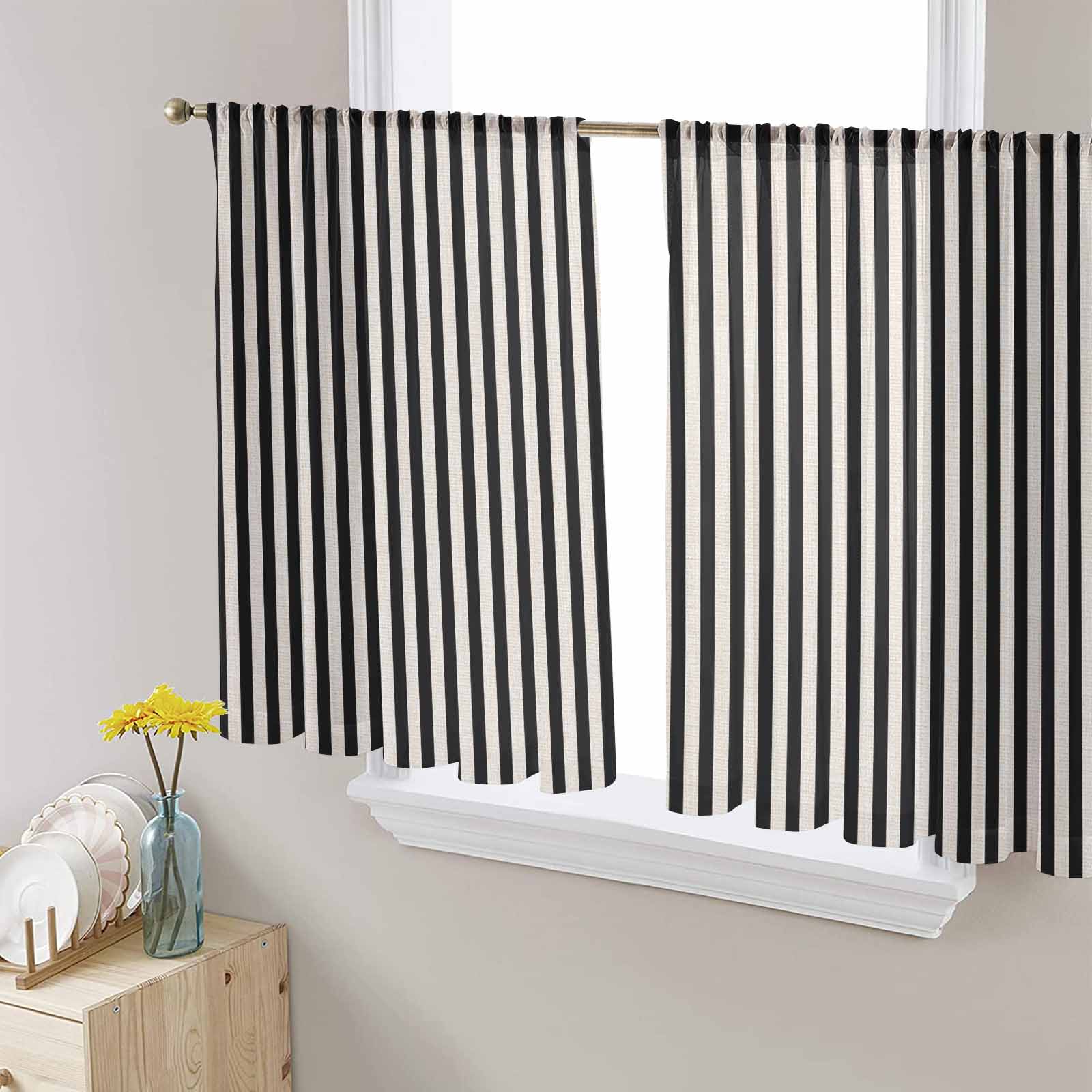 Black Striped Semi Sheer Curtains 54 Inch Length 2 Panels Set, Modern ...