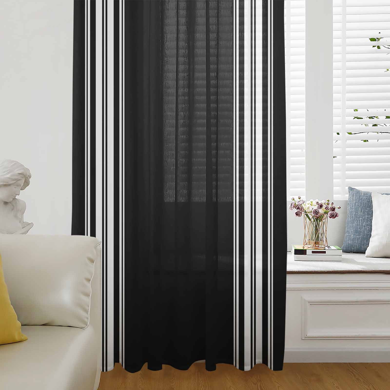 Black Striped Semi Sheer Curtains Drapes for Living Room, Bedroom ...