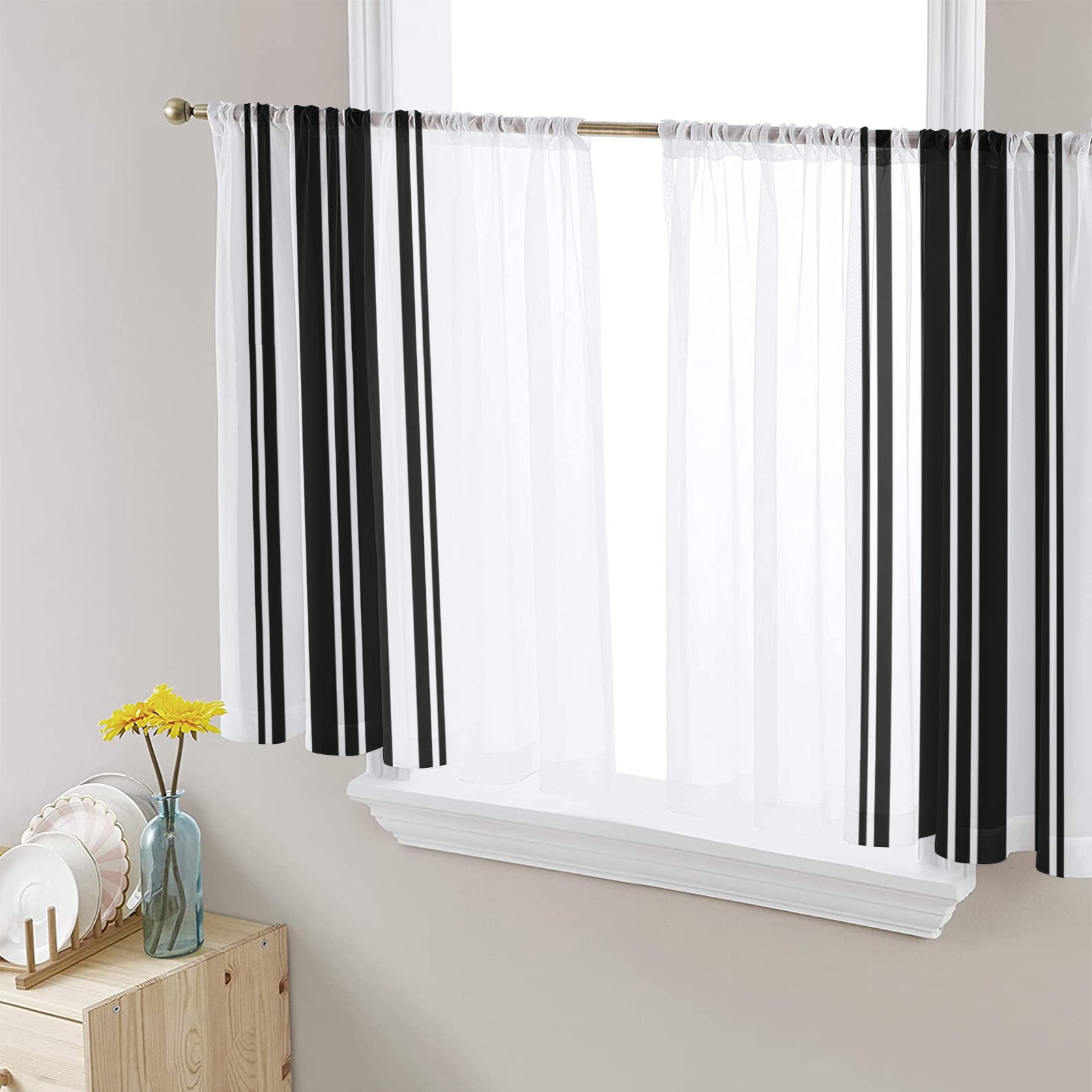 Black Striped Sheer Curtains 45 Inch Length 2 Panels Set for Living ...