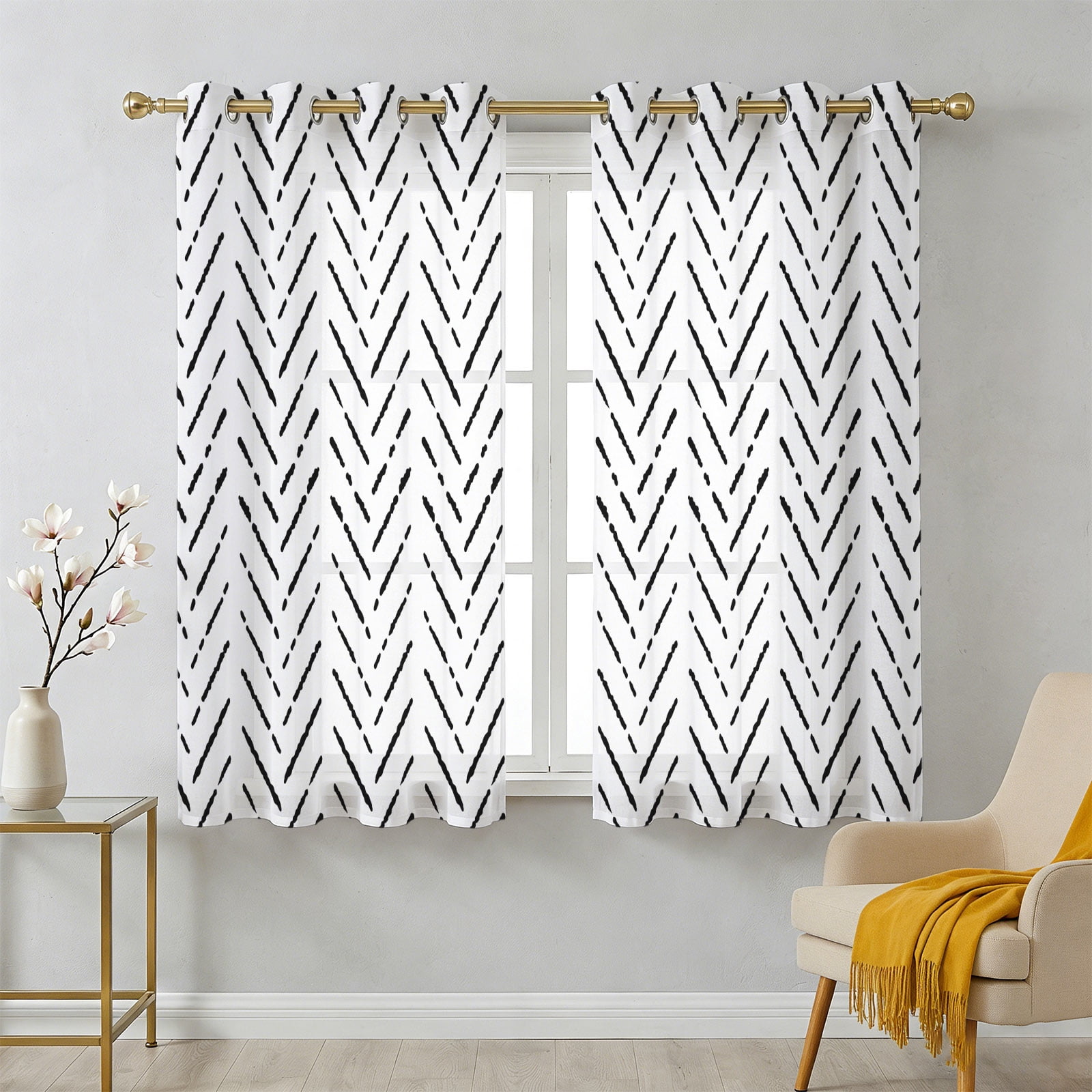 Black Striped Sheer Curtains 45 Inch Long 2 Panels, Geometric Light ...