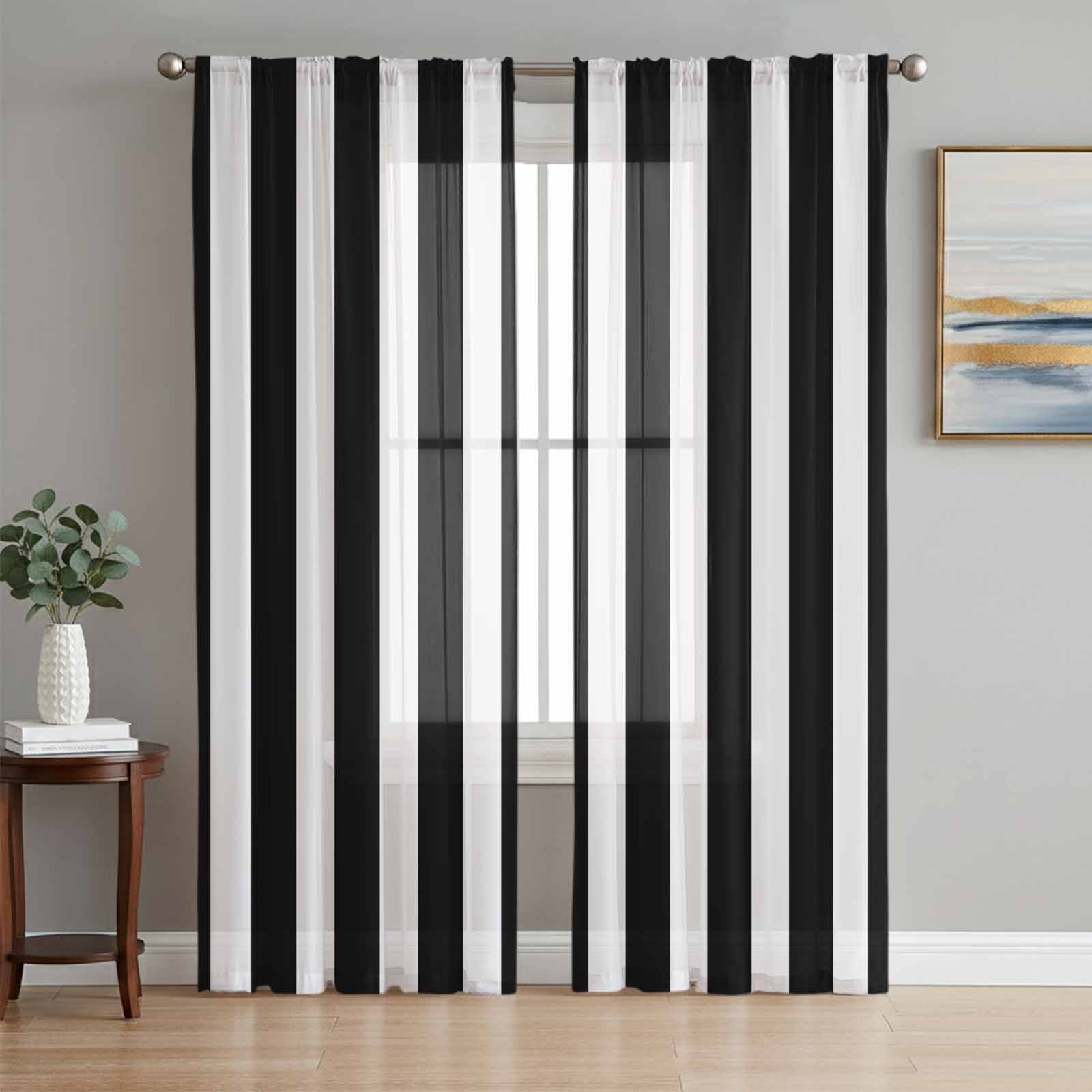 Black Striped Sheer Curtains 84 Inch Length 2 Panels Set, Modern ...