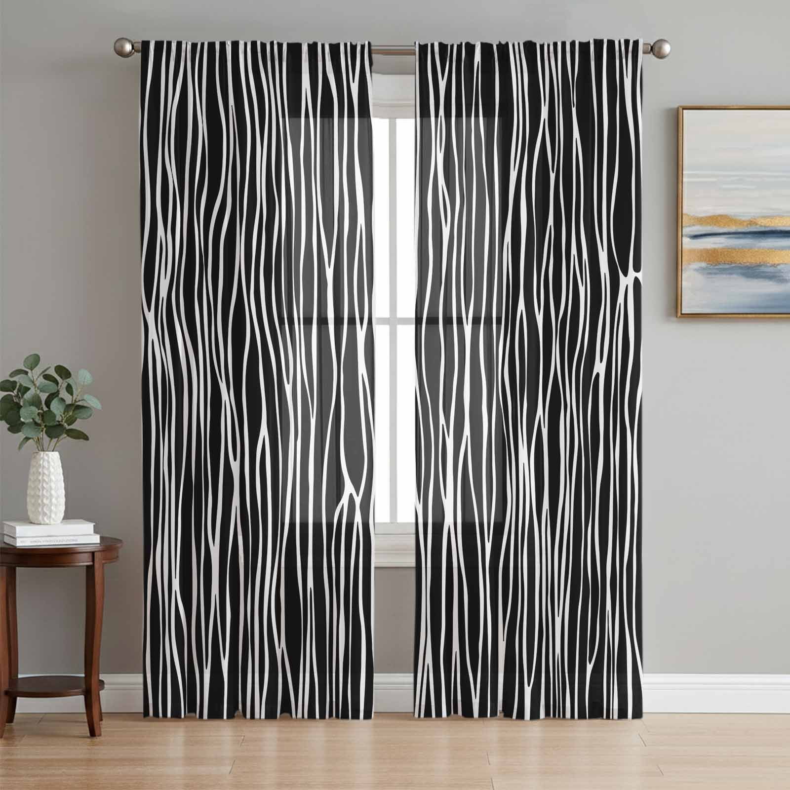 Black Striped Sheer Curtains 84 Inch Length 2 Panels Set Window ...