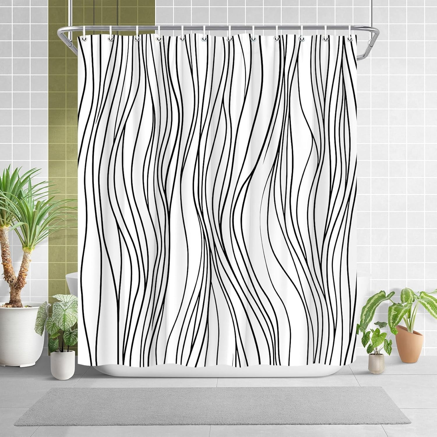 Black Striped Shower Curtain for Bathroom Wavy Line Abstract Geometric Modern Minimalist Rustic ...
