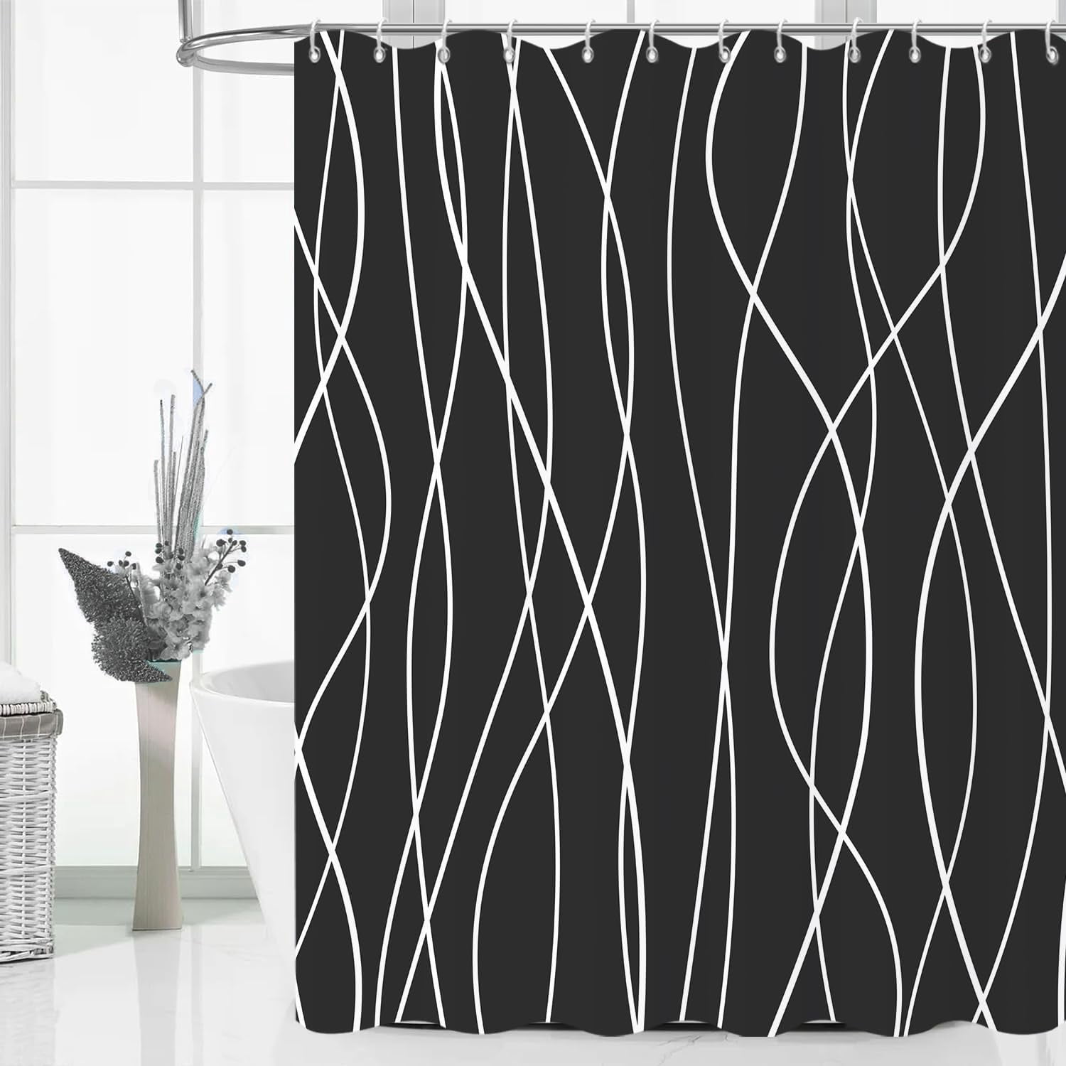 Black Striped Shower Curtain, Modern Abstract Geometric Black White ...