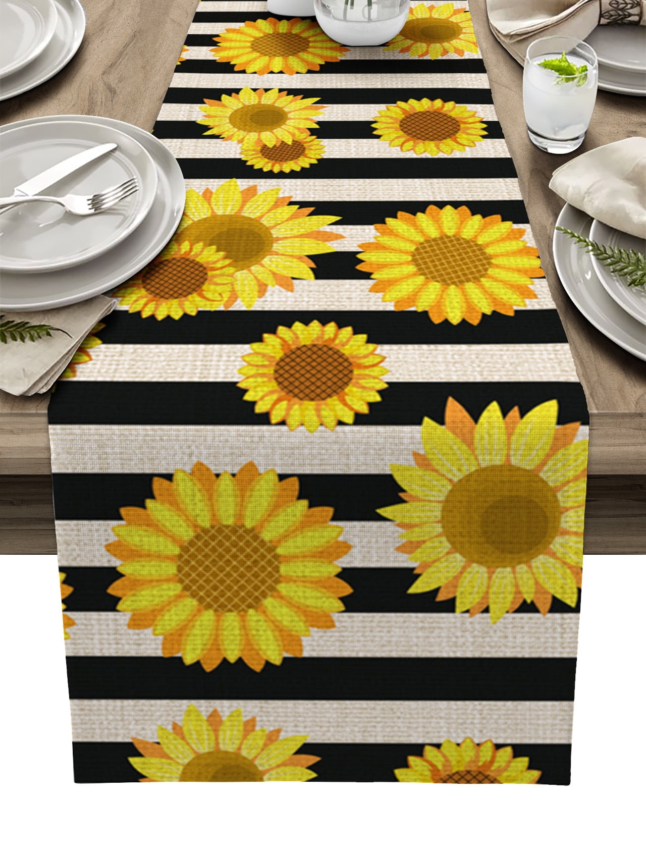 Black Striped Sunflower Table Runner Wedding Holiday Party Dining Table ...
