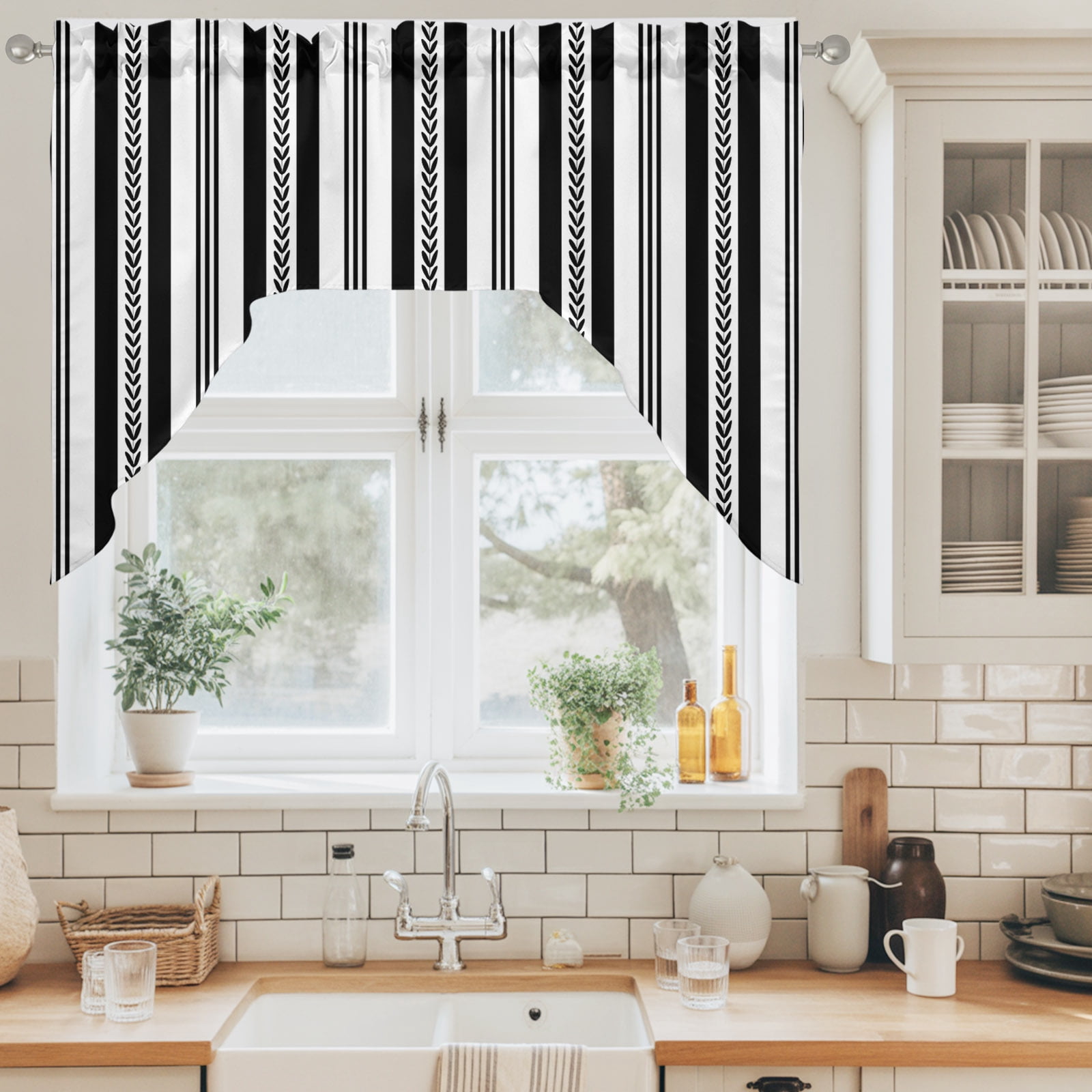 Black Striped Swag Curtain Valance for Windows, Rustic Country Stripes ...