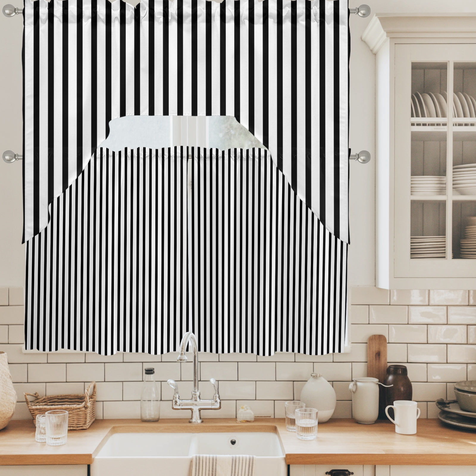 Black Striped Swag Curtains Valance and Tier Set, Modern Stripes ...