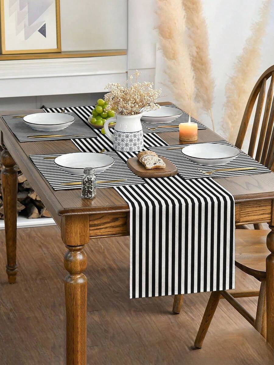 Black Striped Table Runner – Textured Rectangular Linen for Dining ...