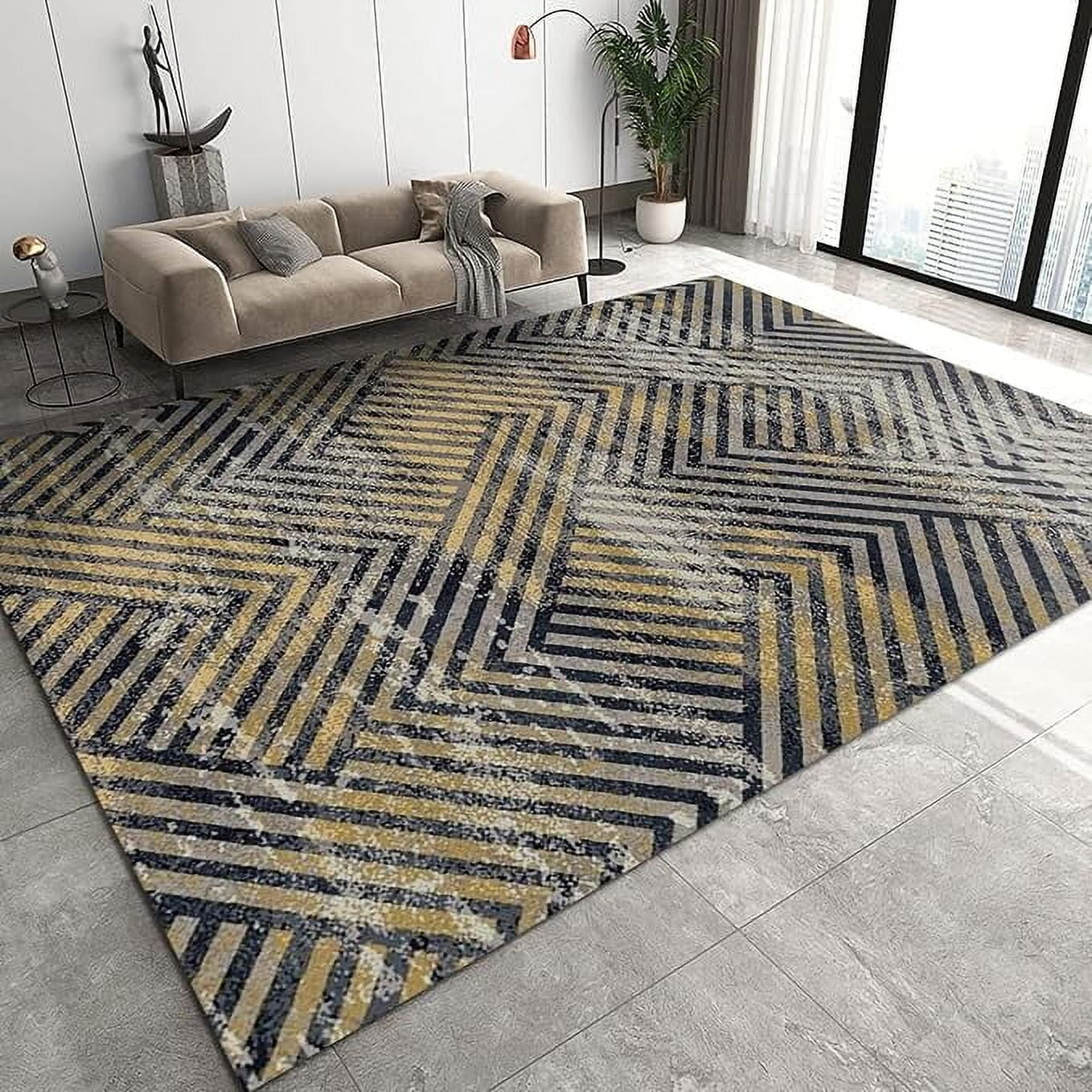 Black Striped Triangle Area Rugs, Yellow Simple Washable Rug ...