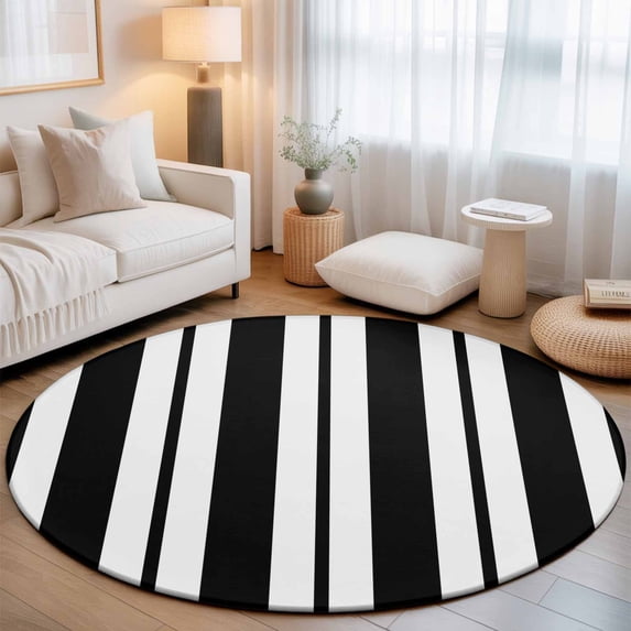Black Striped Washable Round Area Rug 7 ft, Modern Stripes Farmhouse ...