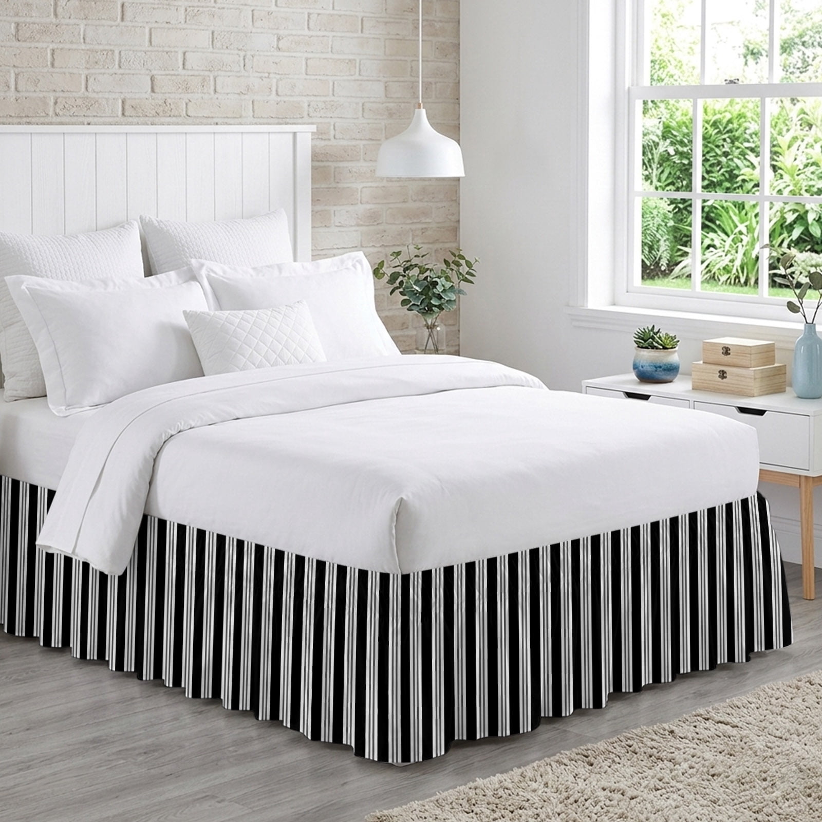 Black Stripes Bed Skirt Queen Size 16 Inch Drop, Coastal Black White ...