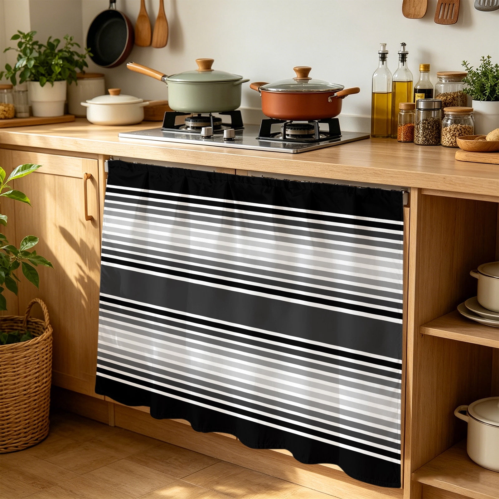 Black Stripes Cabinet Curtains 35" W x 35" L, Minimalist Stripe Modern ...