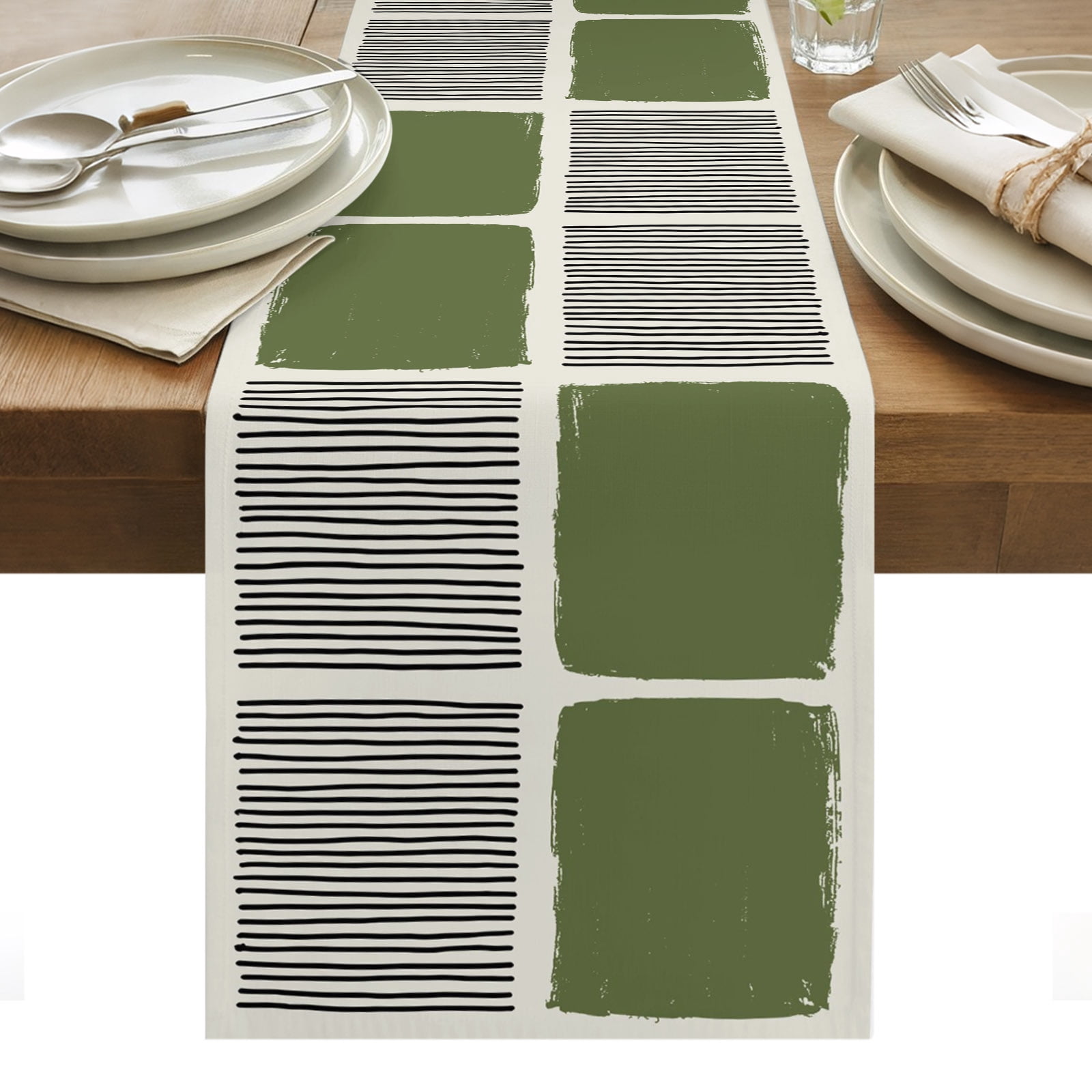 Black Stripes Cotton Linen Table Runner Green Japanese Style Striped ...