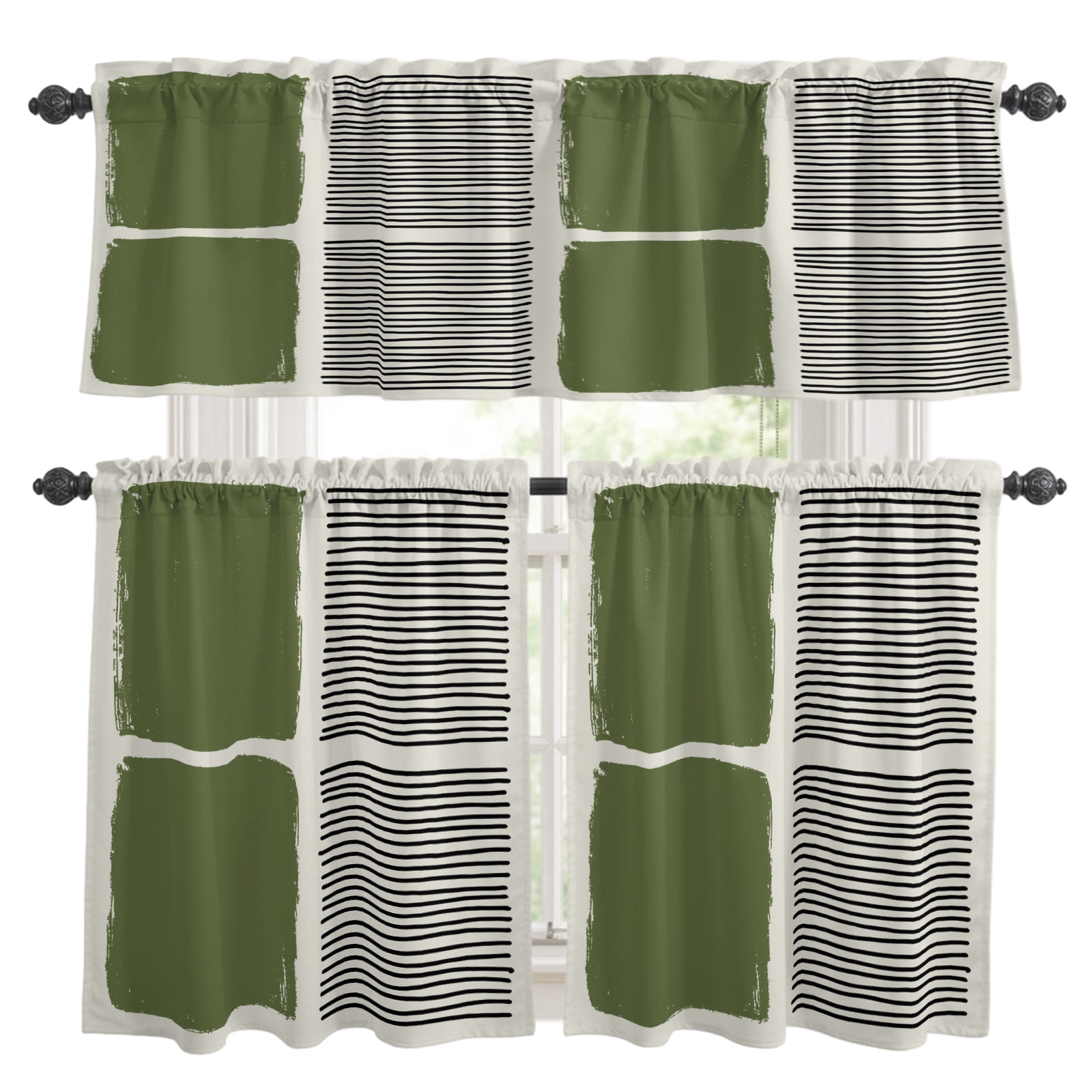 Black Stripes Kitchen Curtains Set for Windows, Green Japanese Style ...