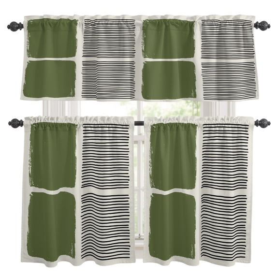 Black Stripes Kitchen Curtains Set for Windows, Green Japanese Style ...