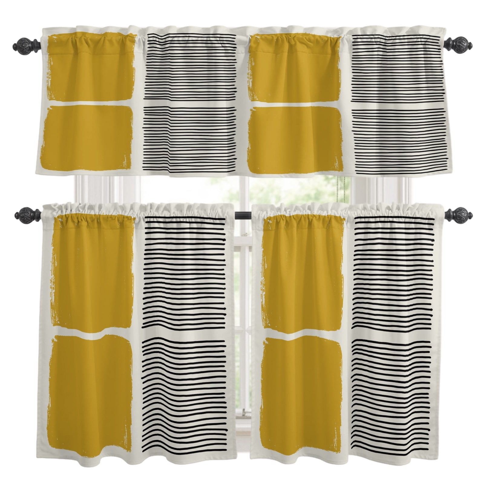 Black Stripes Kitchen Curtains Set for Windows, Yellow Japanese Style ...