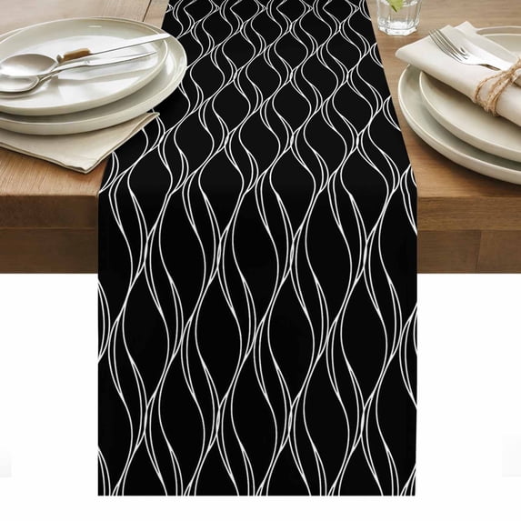 Black Stripes Line Cotton Linen Table Runner Country Abstract Art Waves ...
