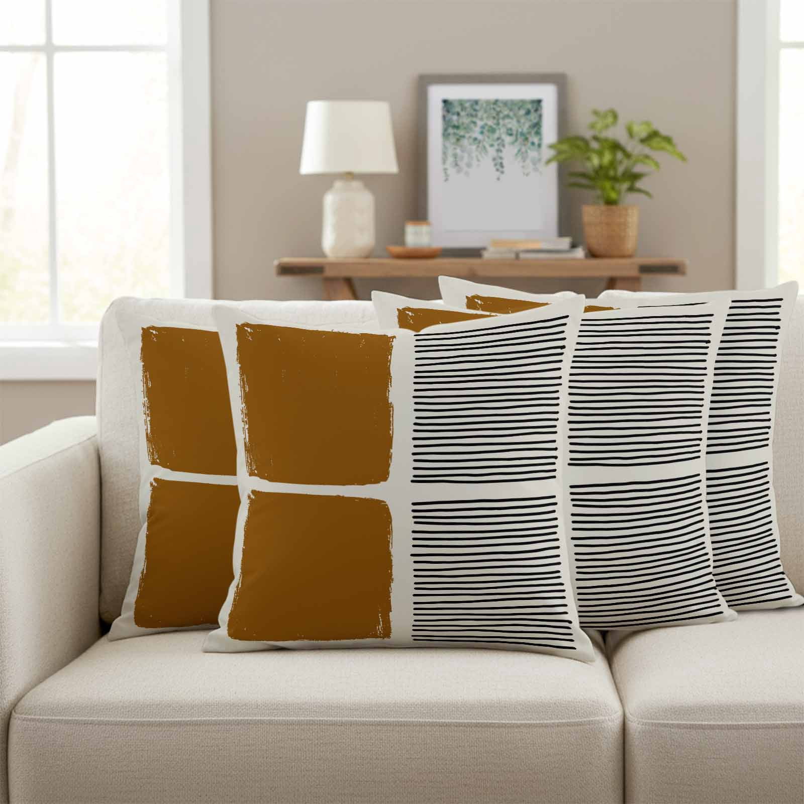 Black Stripes Pillow Covers Set of 4, Brown Japanese Style Striped Line ...