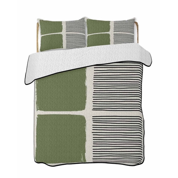 Black Stripes Quilts Bedding Set Full Size Green Japanese Style Striped ...