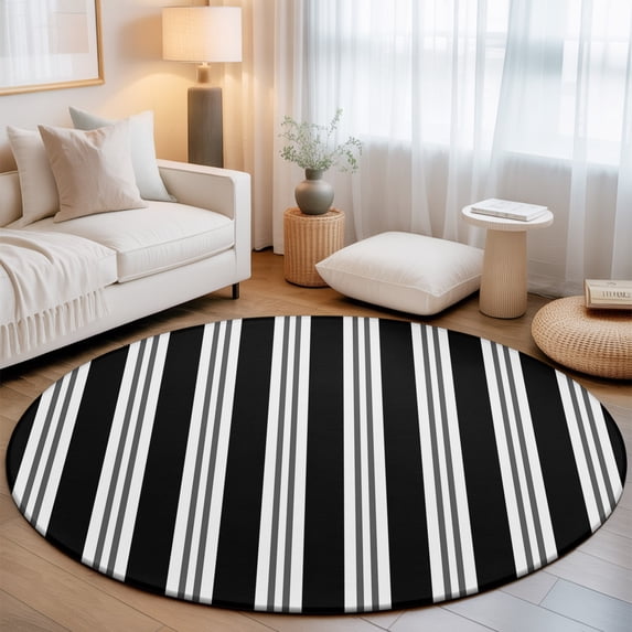 Black Stripes Round Living Room Rugs 6 ft, Coastal Black White Gray ...