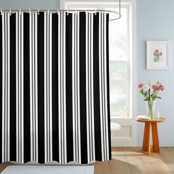 Black Stripes Shower Curtain, Coastal Black White Gray Lines Modern ...