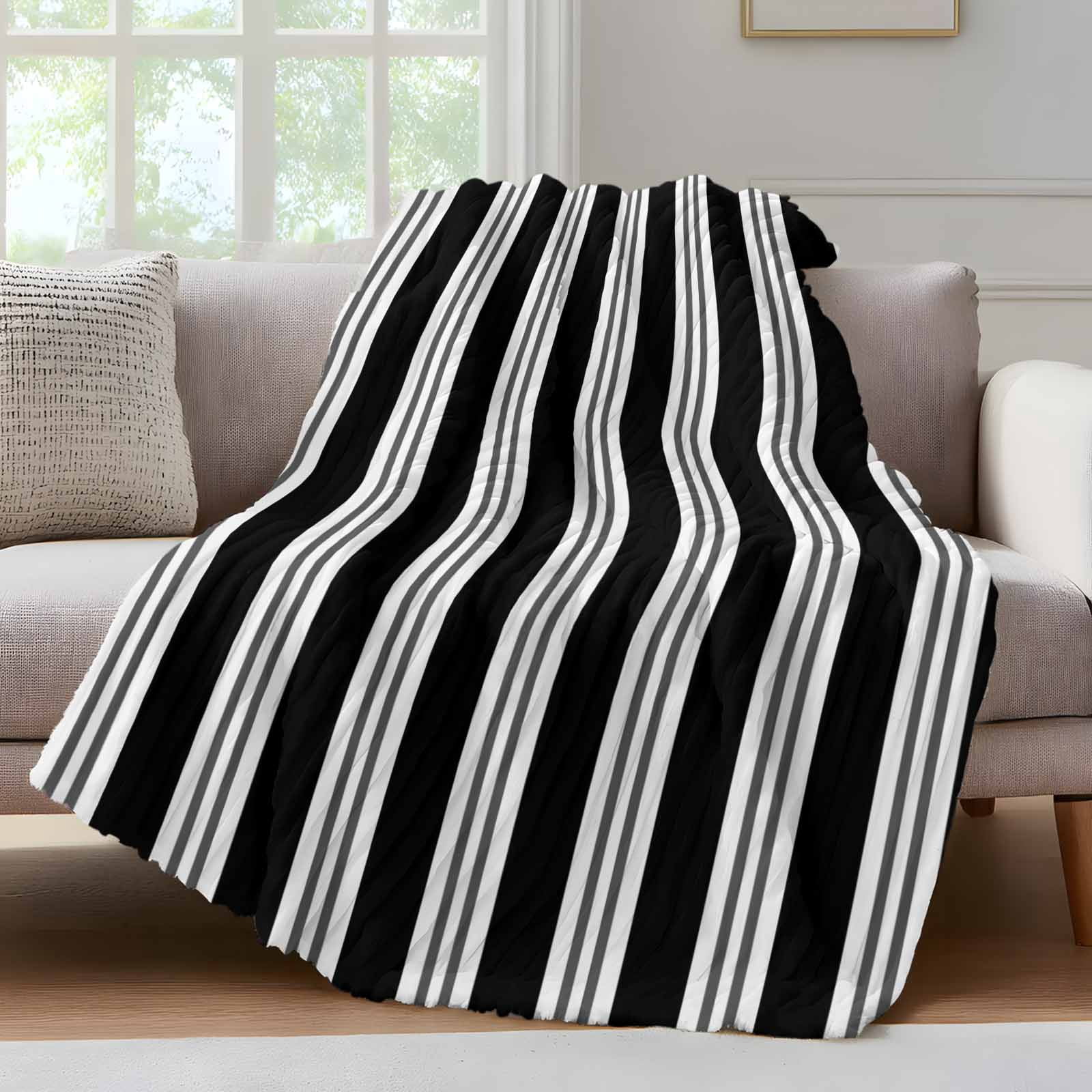 Black Stripes Throw Blanket for Couch Coastal Black White Gray Lines ...
