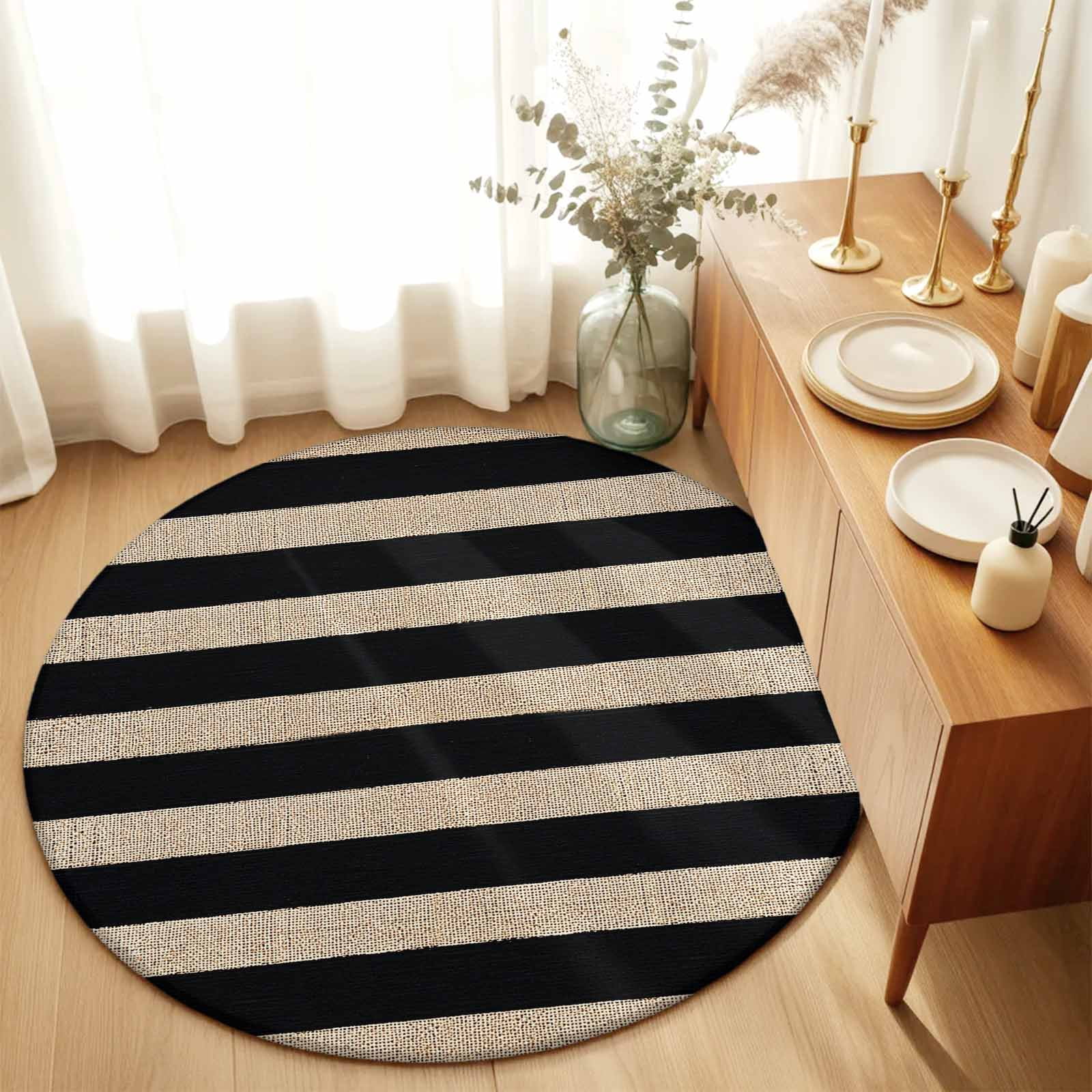 Black Stripes Vintage Linen Texture Round Area Rug 3ft,Living Room Rug ...