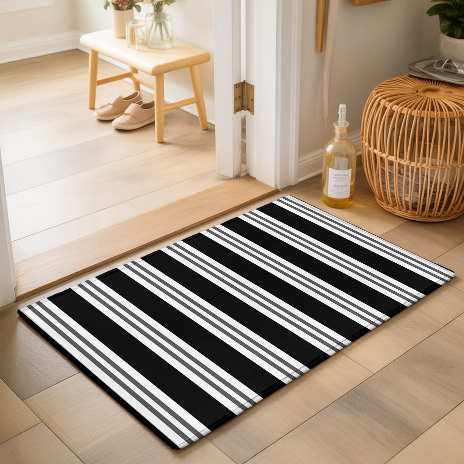 Black Stripes Washable Small Entryway Area Rugs 2'x3', Coastal Black ...