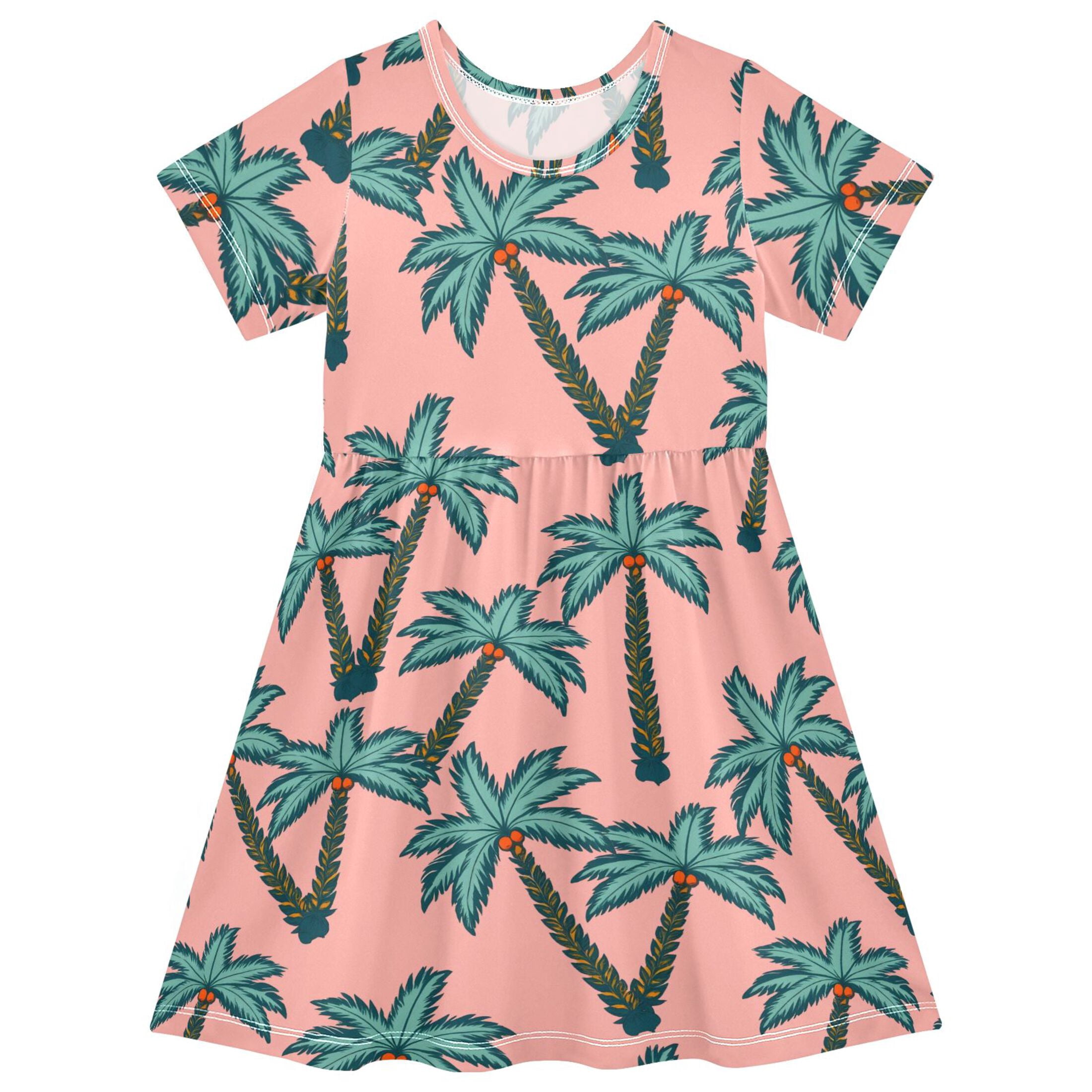 Black Stroke Palm Tree Girls Short Sleeve Dress A Line Sun Protection ...