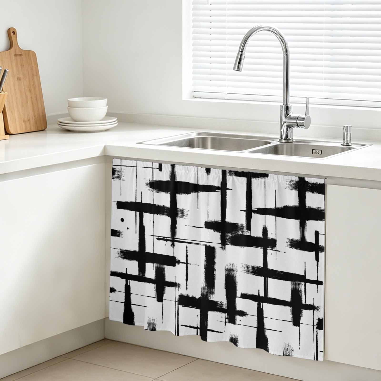 Black Strokes Lines Cabinet Curtains for Kitchen 28"W x 35"L, Modern ...