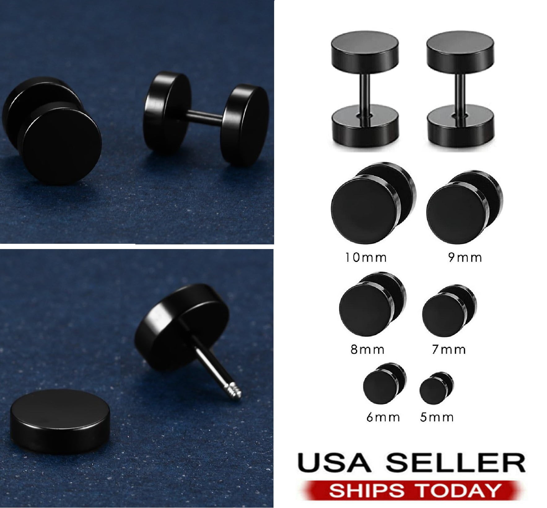 Black Stud Earrings Men Women Faux Gauges Ear Tunnel Stainless Steel Earrings 6 Pairs 5mm-10mm ...