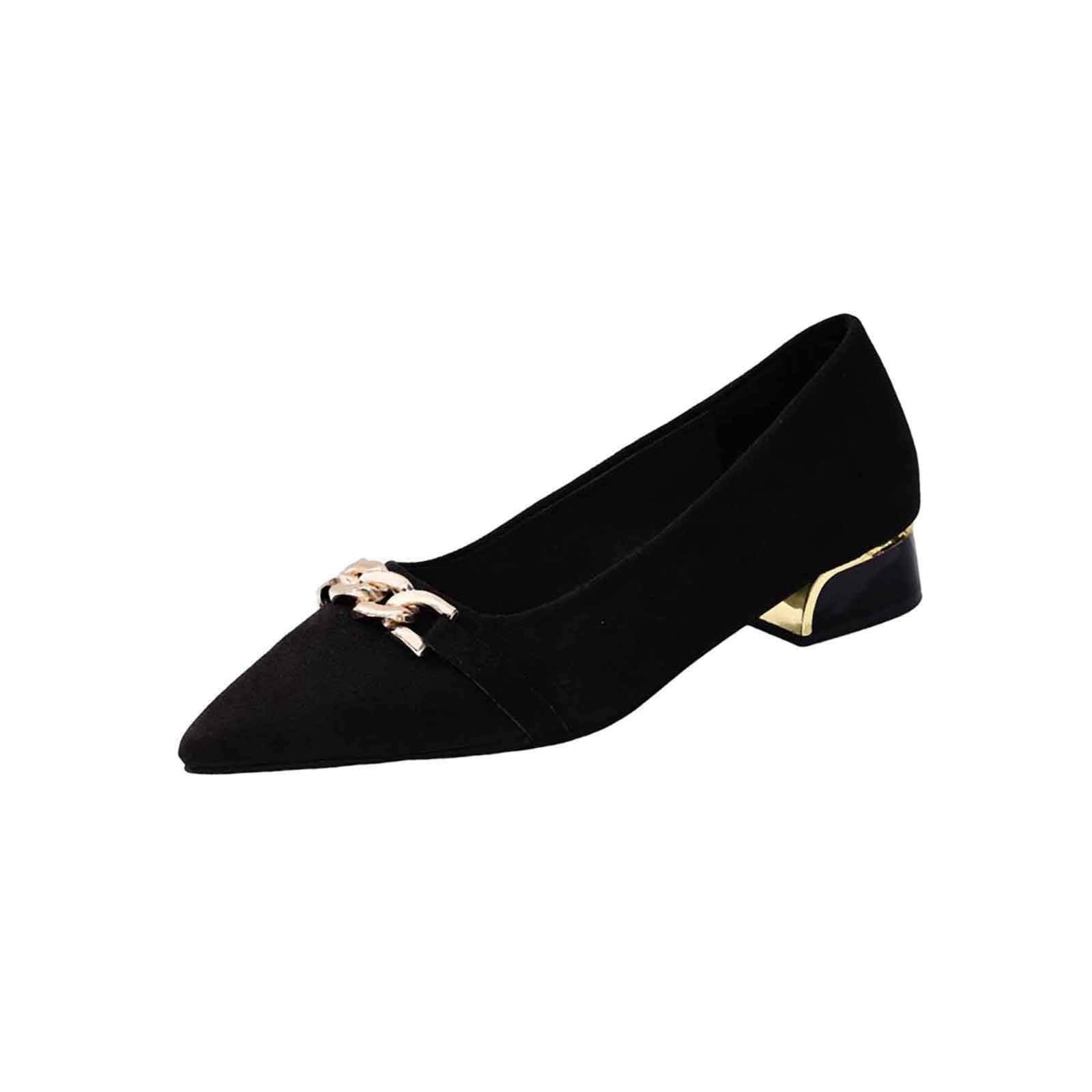 Black Stylish Ladies Solid Color Pointed Toe Low Heel Shoes Metal ...