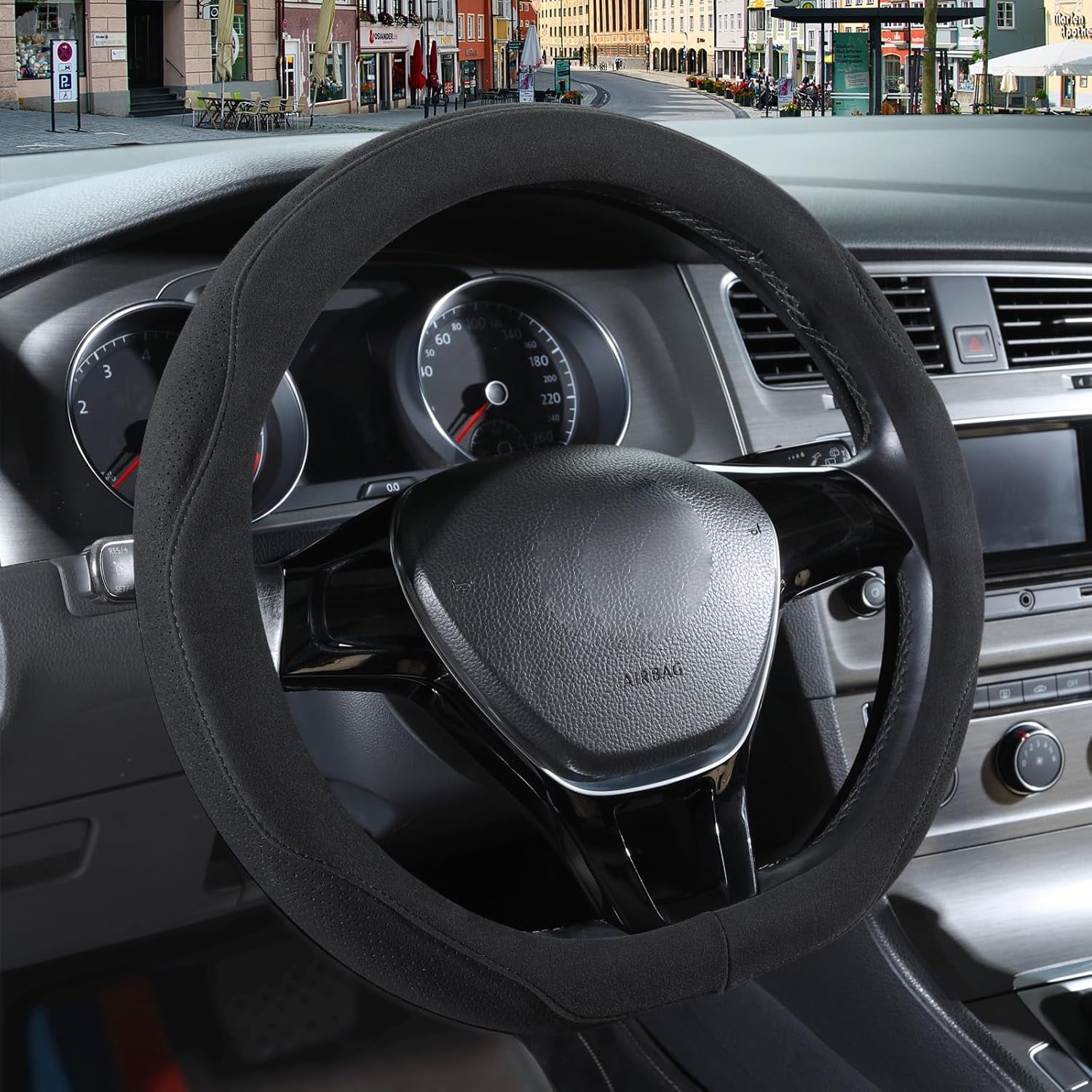 Black Suede D Shaped Steering Wheel Cover, Breathable Non-Slip Sweat ...
