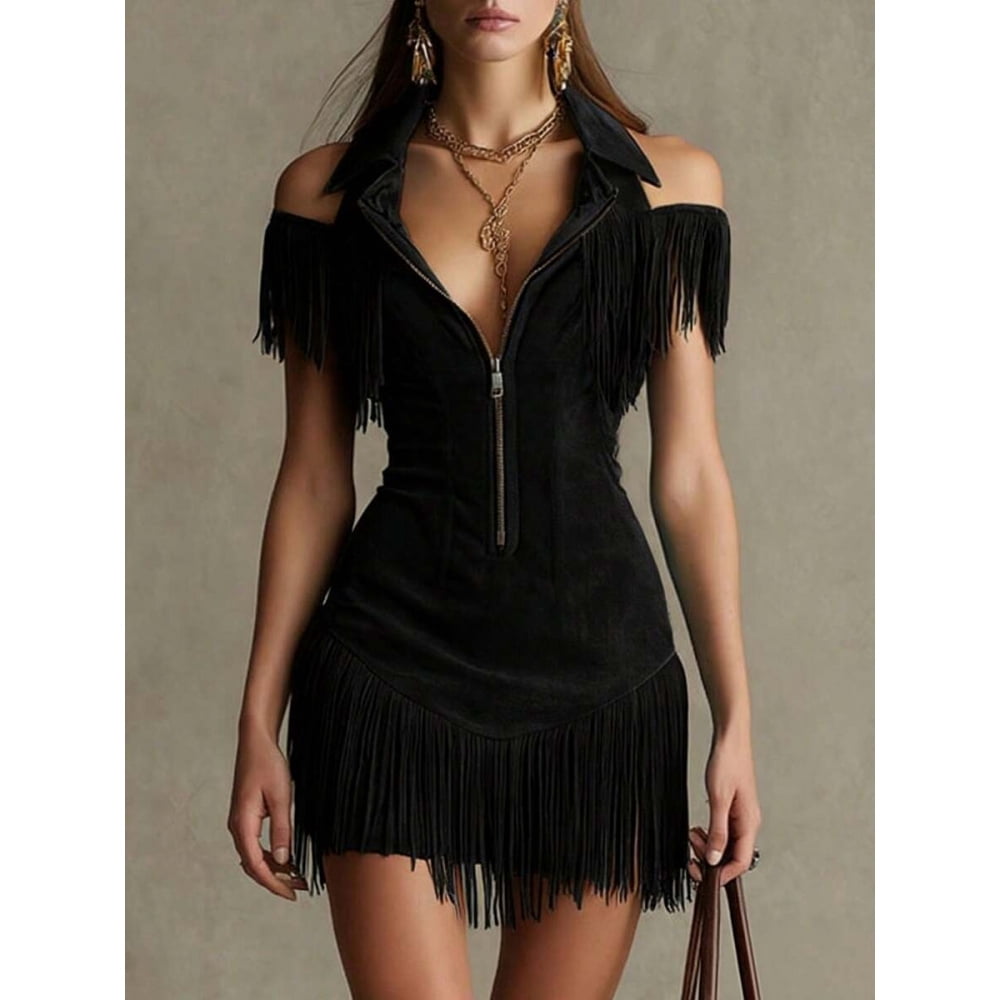 Black Suede Fringed Off-The-Shoulder Zip Front Mini Dress Western Style ...