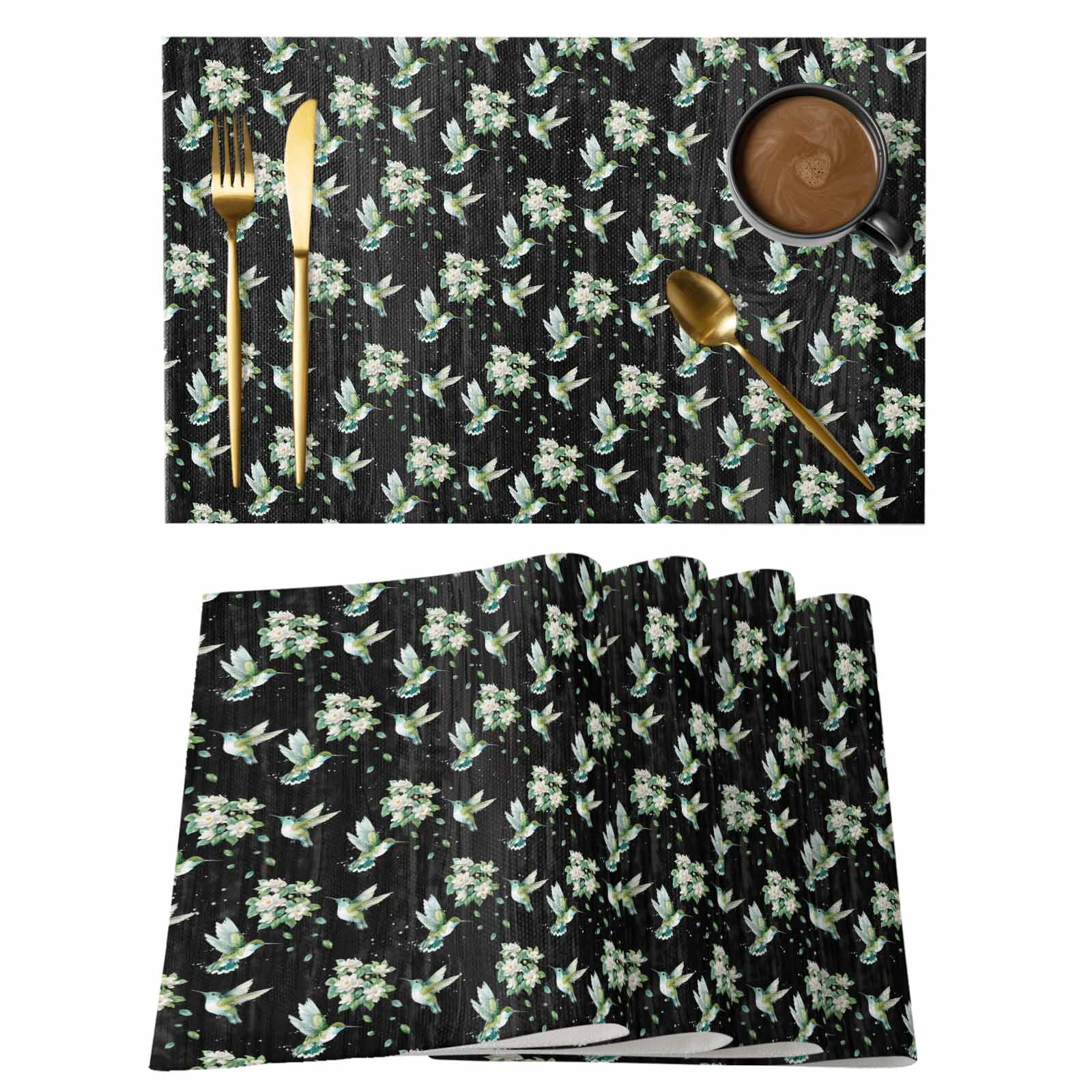 Black Summer Botanical Placemats Set of 12 Green Spring Floral Birds ...