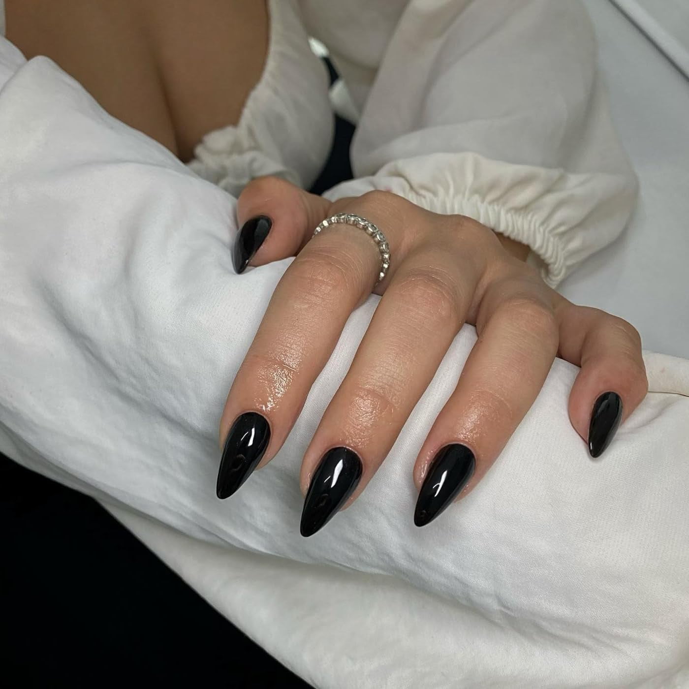 Black Summer Medium Length Press on Nails Almond Shaped, Neutral Fake ... Black Summer Medium Length Press on Nails Almond Shaped, Neutral Fake ...