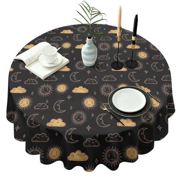 Black Sun Moon Cloud Pattern Round Tablecloth 60"x60",Wrinkle Wipeable ...