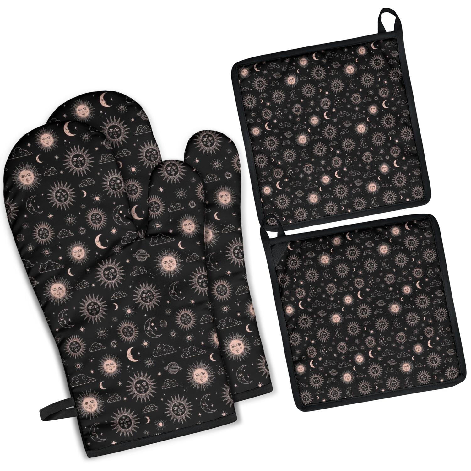Black Sun Moon Cloud Planet Pattern Kitchen Oven Mitt and Pot Holder ...