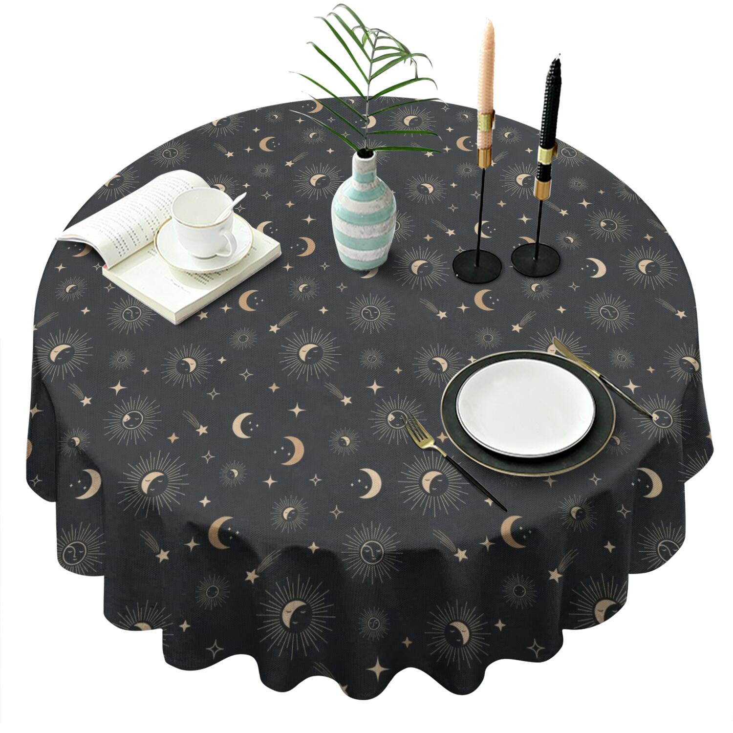 Black Sun Moon Star Pattern Round Tablecloth 60"x60",Wrinkle Wipeable ...