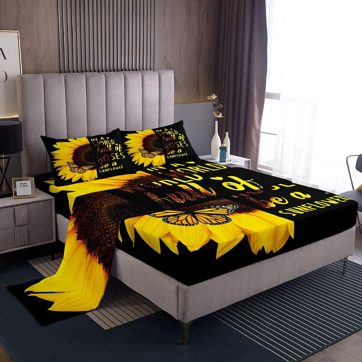 Black Sunflower Bed Sheets Set King Yellow Floral Botanical Sheet Set ...