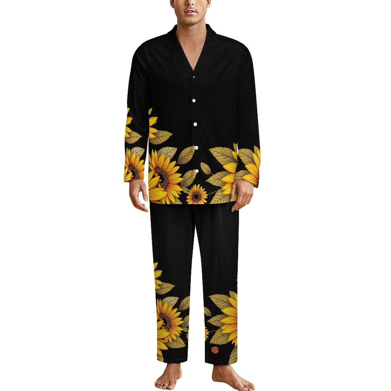 Black Sunflower Border Pajamas Men Sleep Sleepwear Spring 2 Piece ...