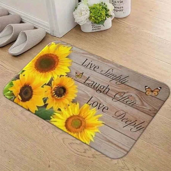 Black Sunflower & Butterfly Printed Area Rug, Live Simply Laugh Often ...