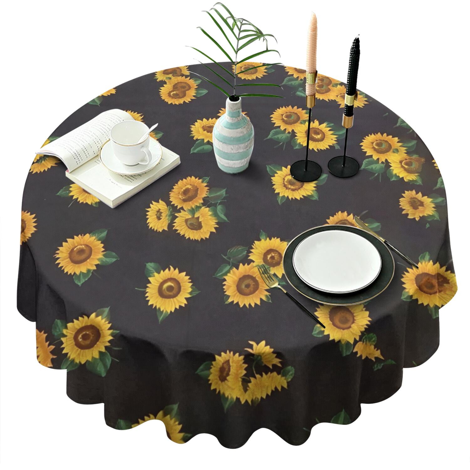 Black Sunflower Green Leaf Pattern Round Tablecloth 60"x60",Wrinkle ...