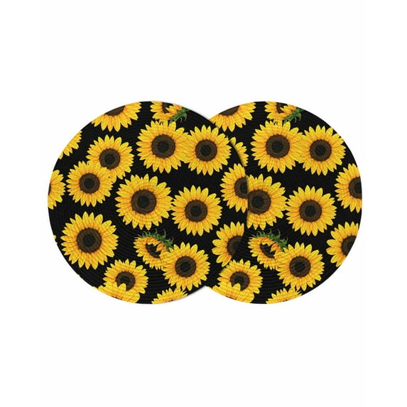Black Sunflower Pattern Round Table Placemats set of 2, Floral Print ...