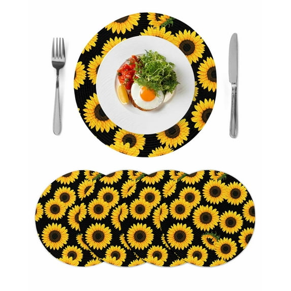 Black Sunflower Pattern Round Table Placemats set of 4, Floral Print ...